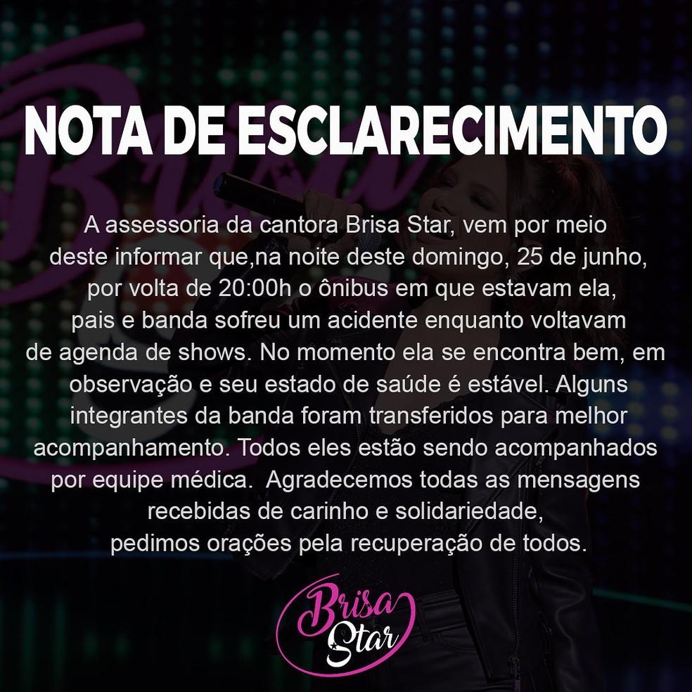 Ônibus da cantora Brisa Star sofre acidente no interior do Ceará