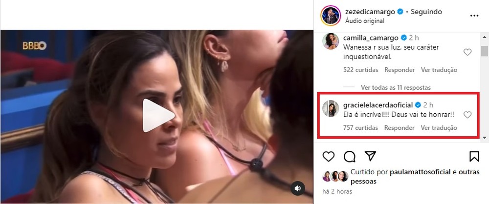 Graciele Lacerda comenta declaração de Wanessa no BBB 24 em post de