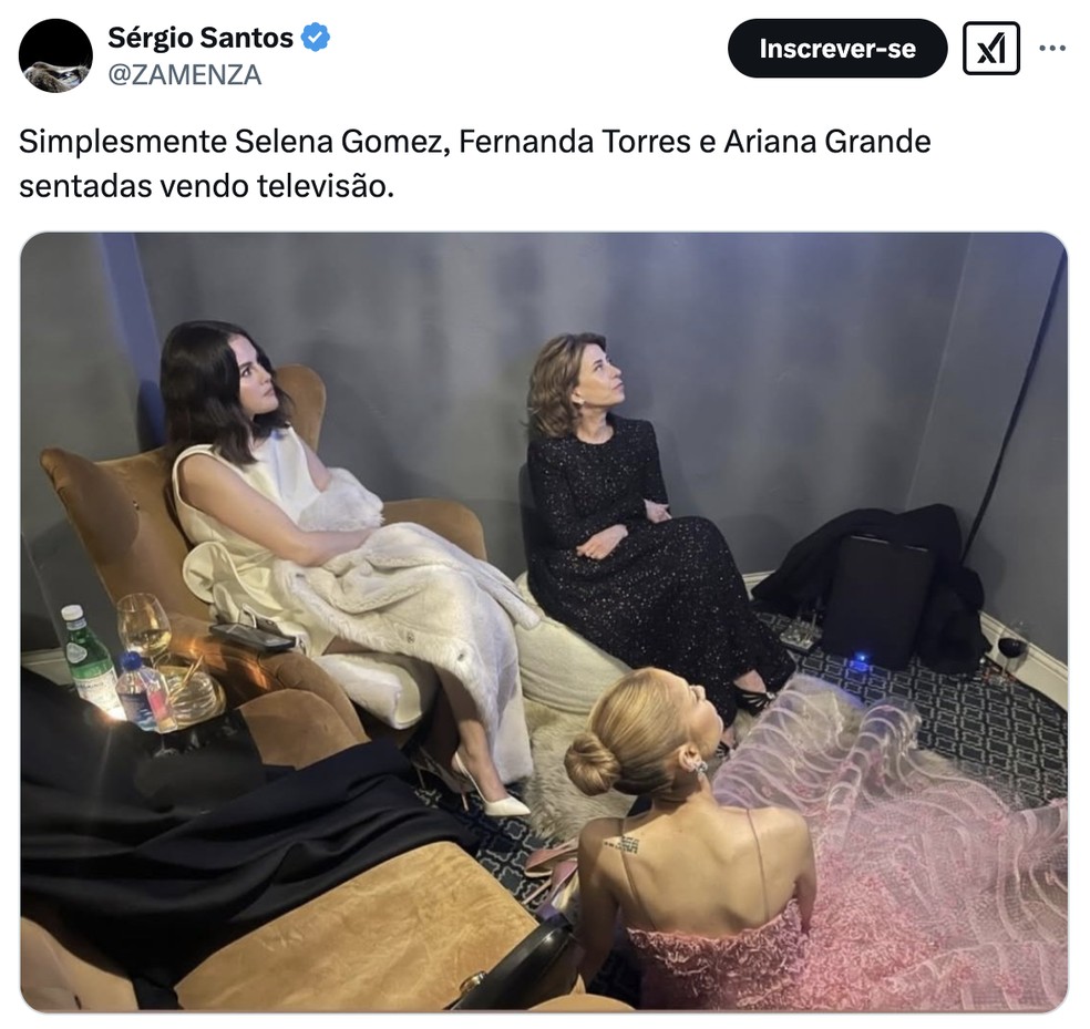 Web pira com foto de Fernanda Torres, Ariana Grande e Selena Gomez assistindo TV juntas
