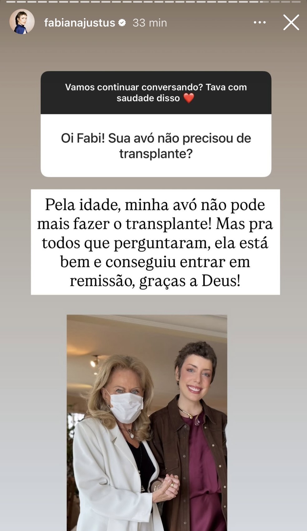 Fabi Justus diz que a avó, com mesmo câncer que ela, não pode fazer ...