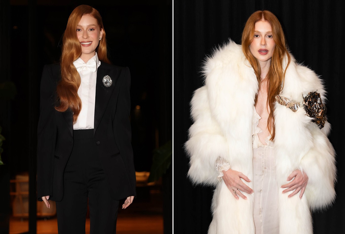 Smoking ou longo com casaco de pele? Marina Ruy Barbosa faz troca de ...