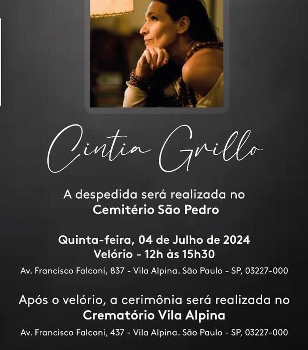 Velório de Cintia Grillo acontece na tarde de quinta-feira em São Paulo
