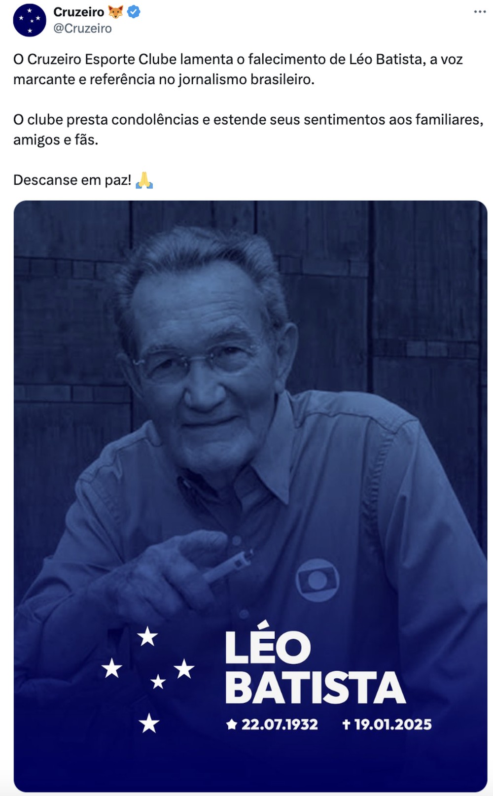 Famosos e times de futebol lamentam morte de Léo Batista aos 92 anos