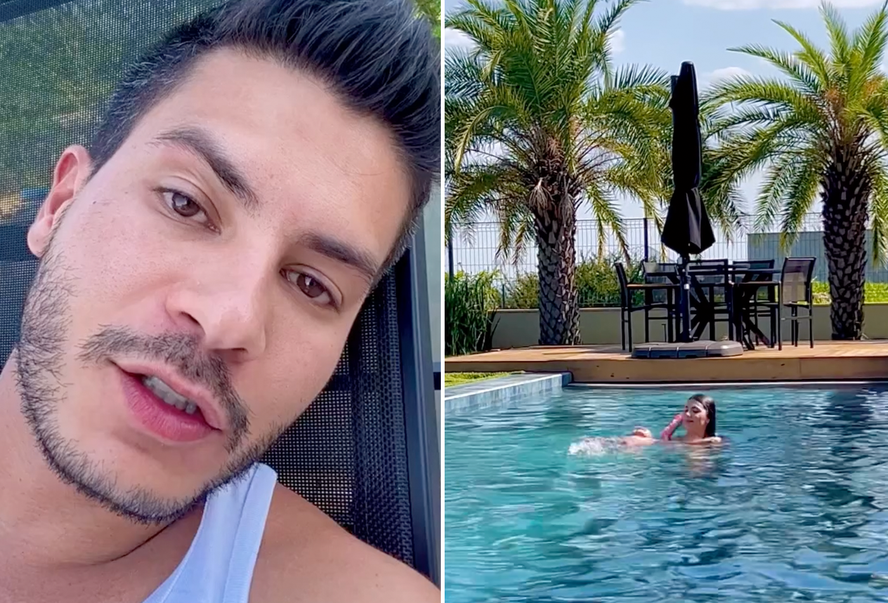 Grávida de Arthur Aguiar, Jheny Santucci curte piscina do ator após ...