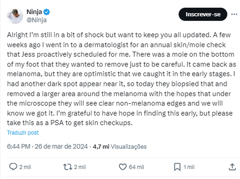 Streamer Ninja, de 32 anos, anuncia diagnóstico de câncer