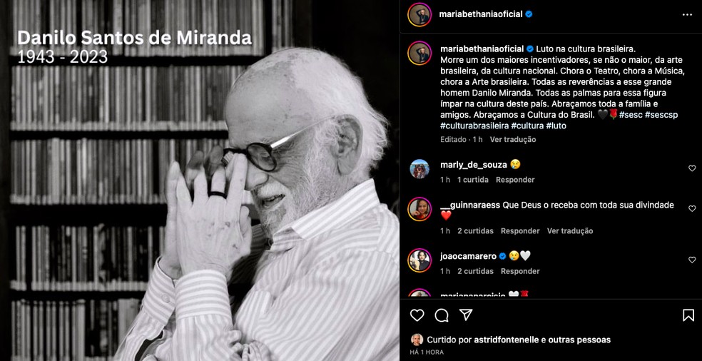Famosos lamentam a morte do incentivador cultural Danilo Santos de Miranda