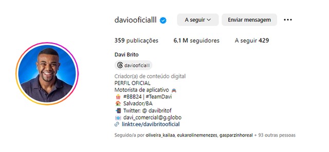 Após Sincerão de treta, Davi passa dos 6 milhões de seguidores no Instagram
