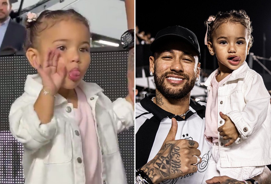 Mavie rouba a cena com caretas ao ir com Neymar a jogo do Santos; assista