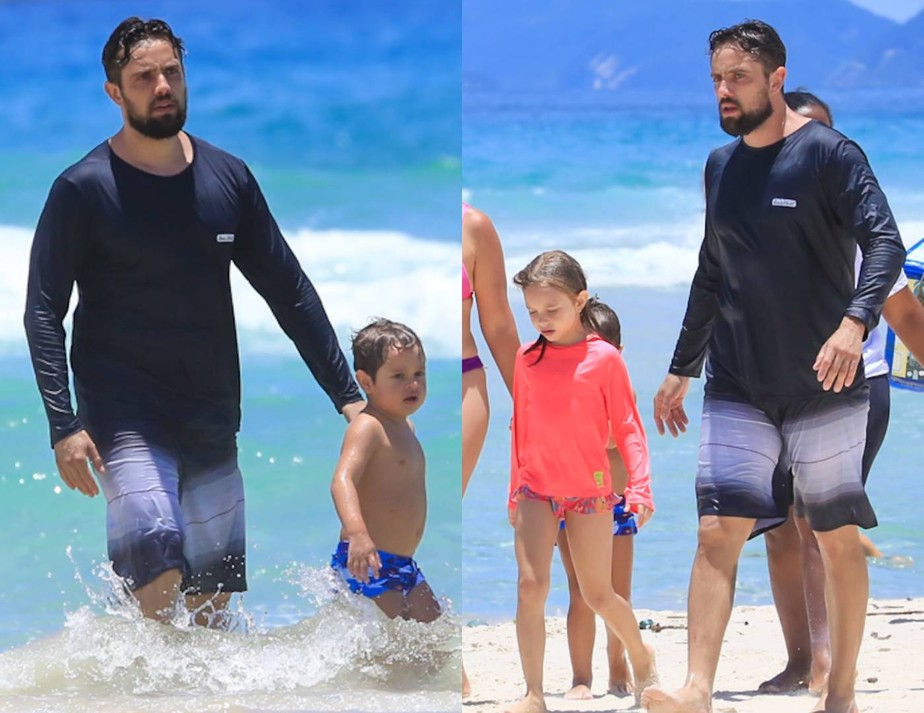 Recém-separado, Rafael Cardoso curte dia de praia com os filhos no Rio