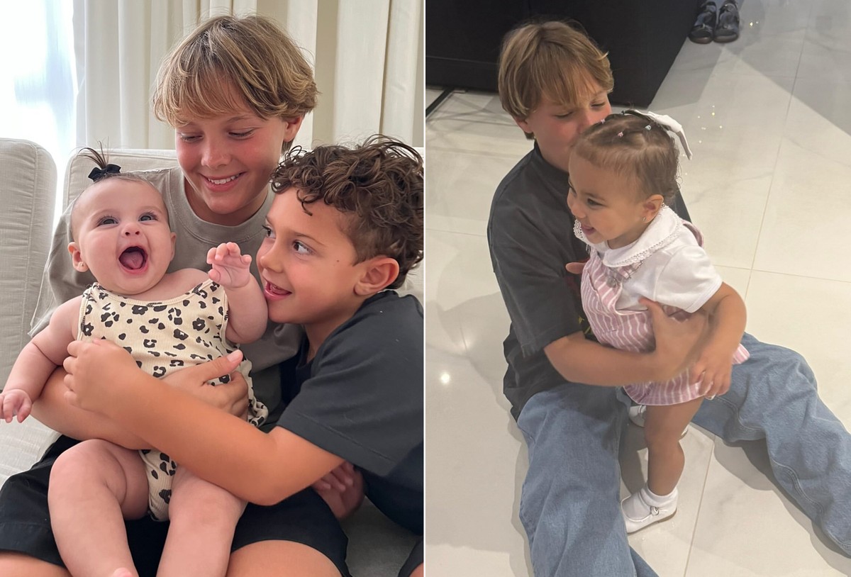 Carol Dantas mostra Davi Lucca com as irmãs Mavie e Helena, as caçulas ...