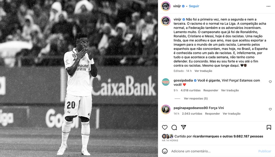 Famosos prestam apoio a Vini Jr. após caso de racismo em jogo na Espanha