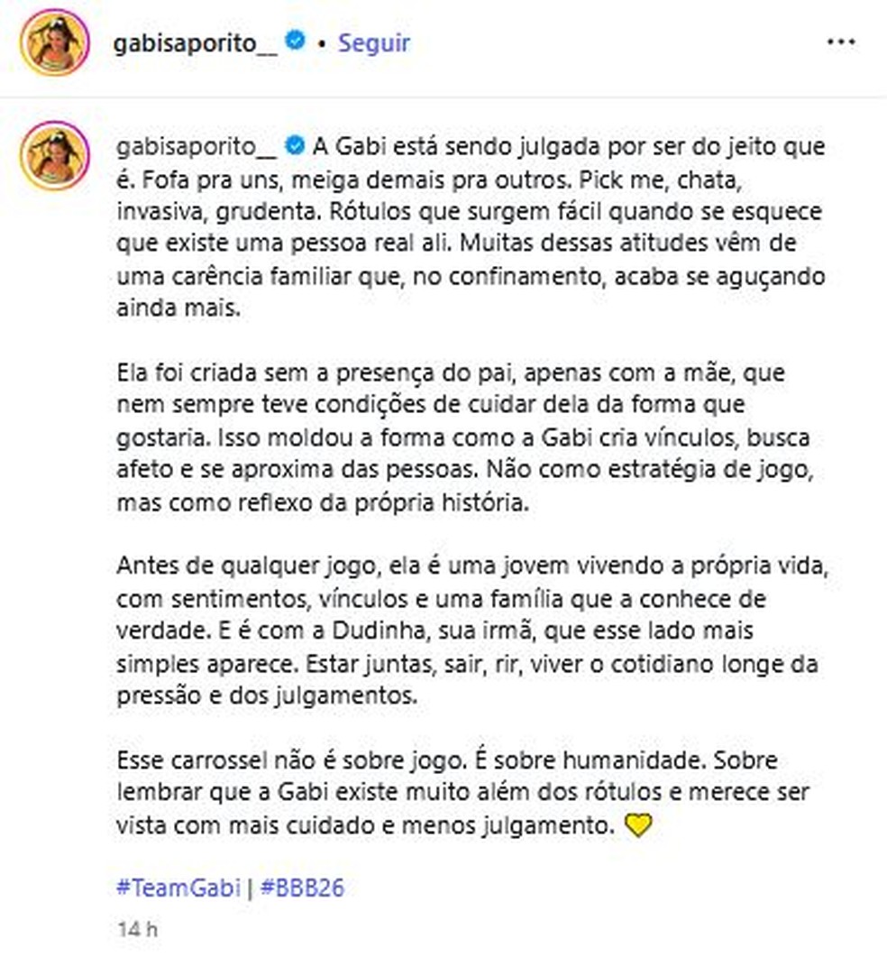 BBB 26: Equipe de Gabriela Saporito defende jeito de ser da vendedora ...