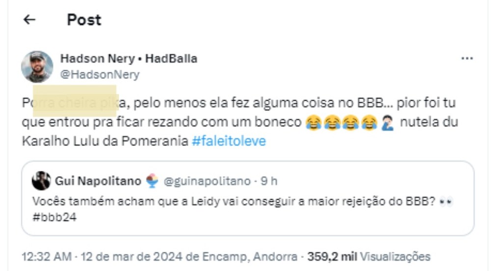 Gui Napolitano comenta atitude de Leidy Ellin e Hadballa se exalta