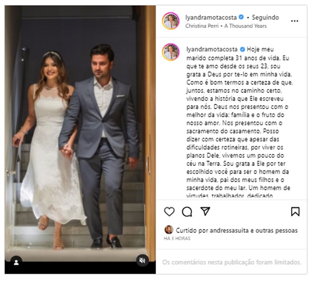 Lyandra Costa faz declaração emocionante em aniversário do marido