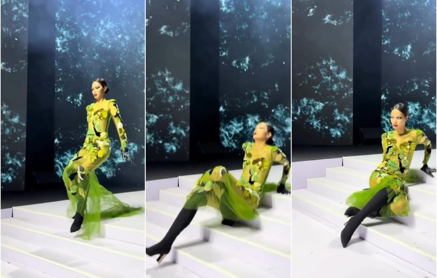 Modelo leva tombo em passarela de desfile; vídeo