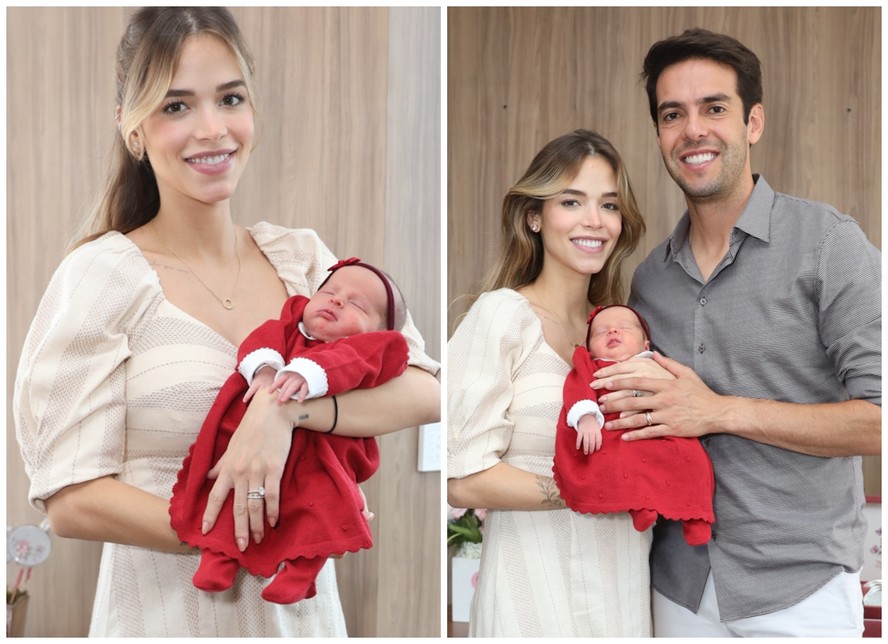 Kaká e Carol Dias deixam maternidade com a filha Sarah, em São Paulo