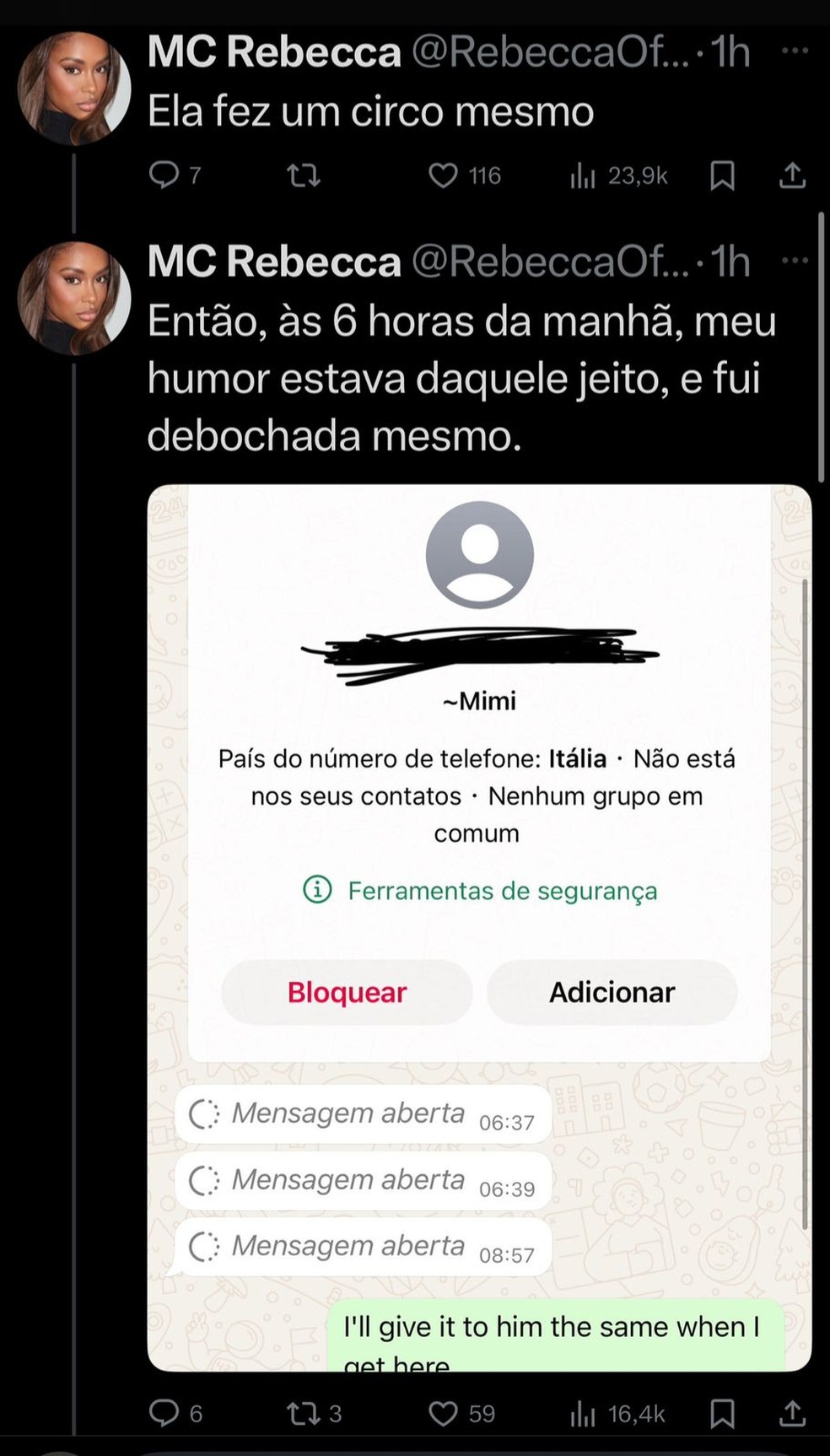 MC Rebecca é acusada de ser amante e rebate: 'Sou solteira'