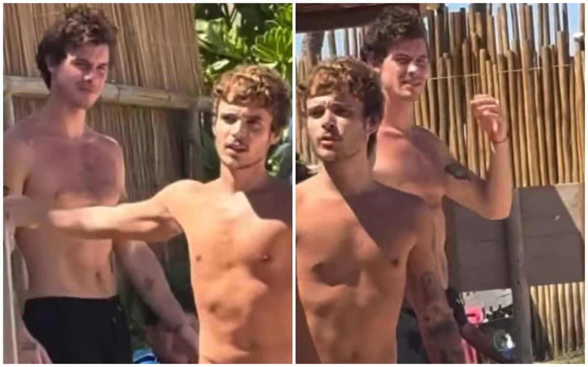 Shawn Mendes se refresca em mar de Alagoas com marido de Sasha Meneghel