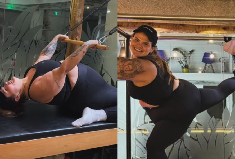 Thais Carla dá show de elasticidade durante aula de pilates