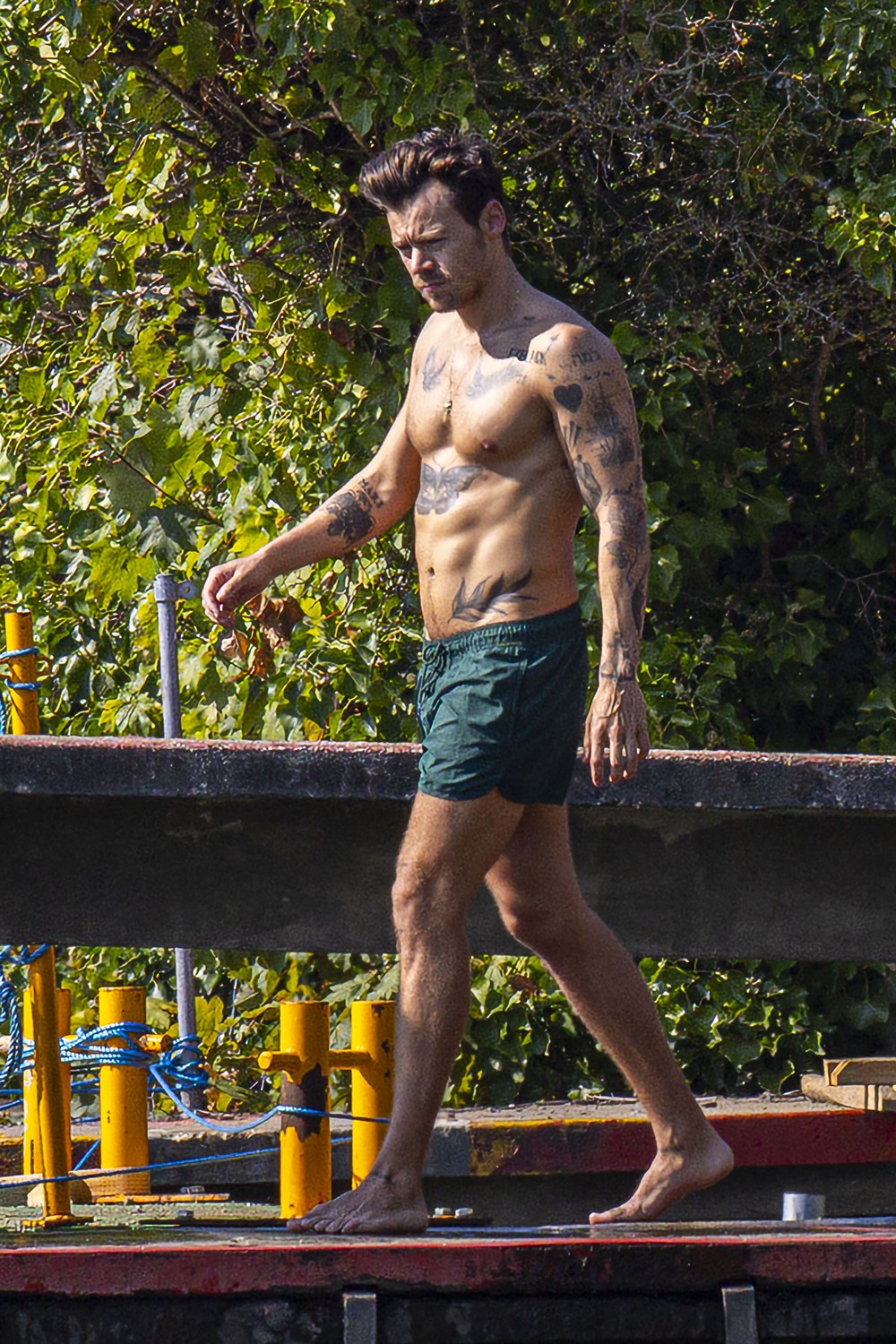Harry Styles impressiona com abdômen definido em dia no lago, em Londres