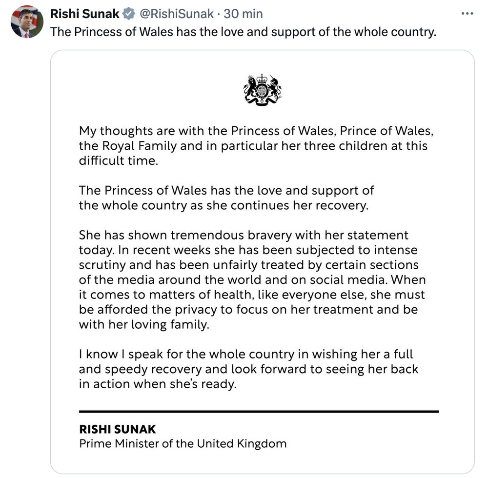 Primeiro Ministro do Reino Unido se pronuncia após anúncio de câncer de Kate Middleton