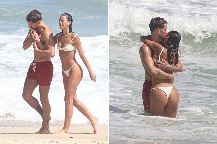 João Guilherme e Bruna Marquezine trocam carinhos e fazem 'guerra' de água em dia de praia; fotos