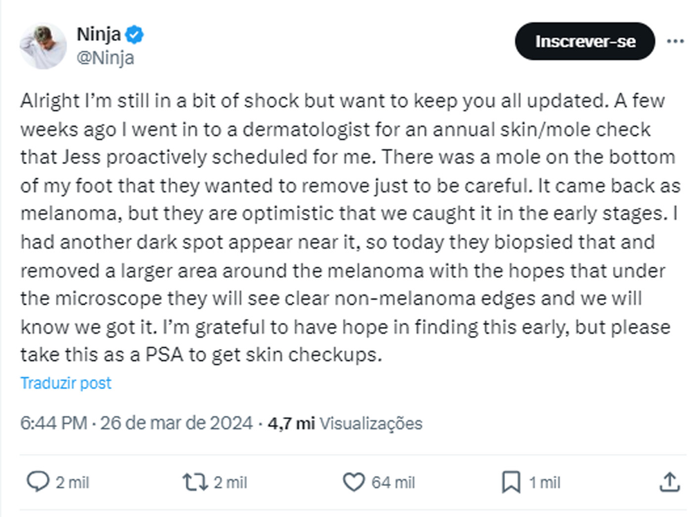 Streamer Ninja, de 32 anos, anuncia diagnóstico de câncer