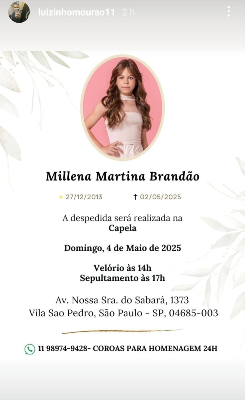 Velório da atriz mirim Millena Brandão, que morreu aos 11 anos, será aberto ao público