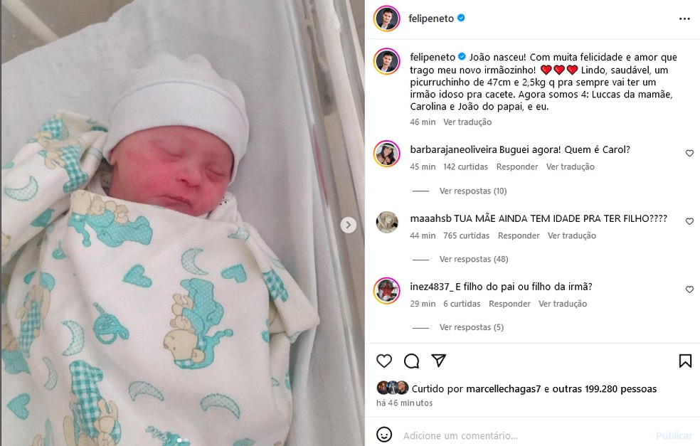 Felipe Neto comemora nascimento de irmãozinho: 'João chegou'