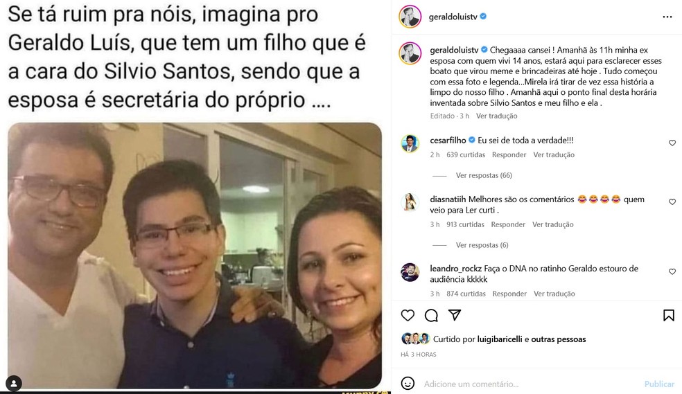 Geraldo Luís posta meme sobre seu filho ser, na verdade, de Silvio Santos; entenda