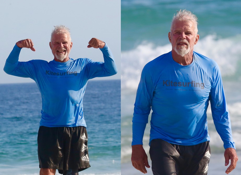 Raul Gazolla faz pose de musculoso para os paparazzi após se refrescar ...