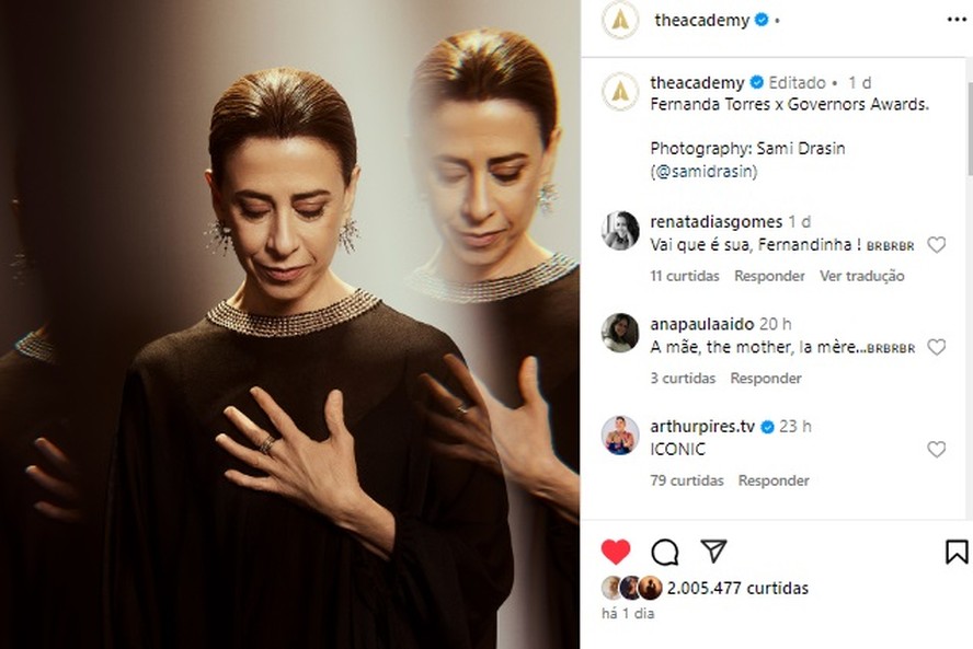 Fernanda Torres bate 2 milhões de curtidas em post no perfil do Oscar