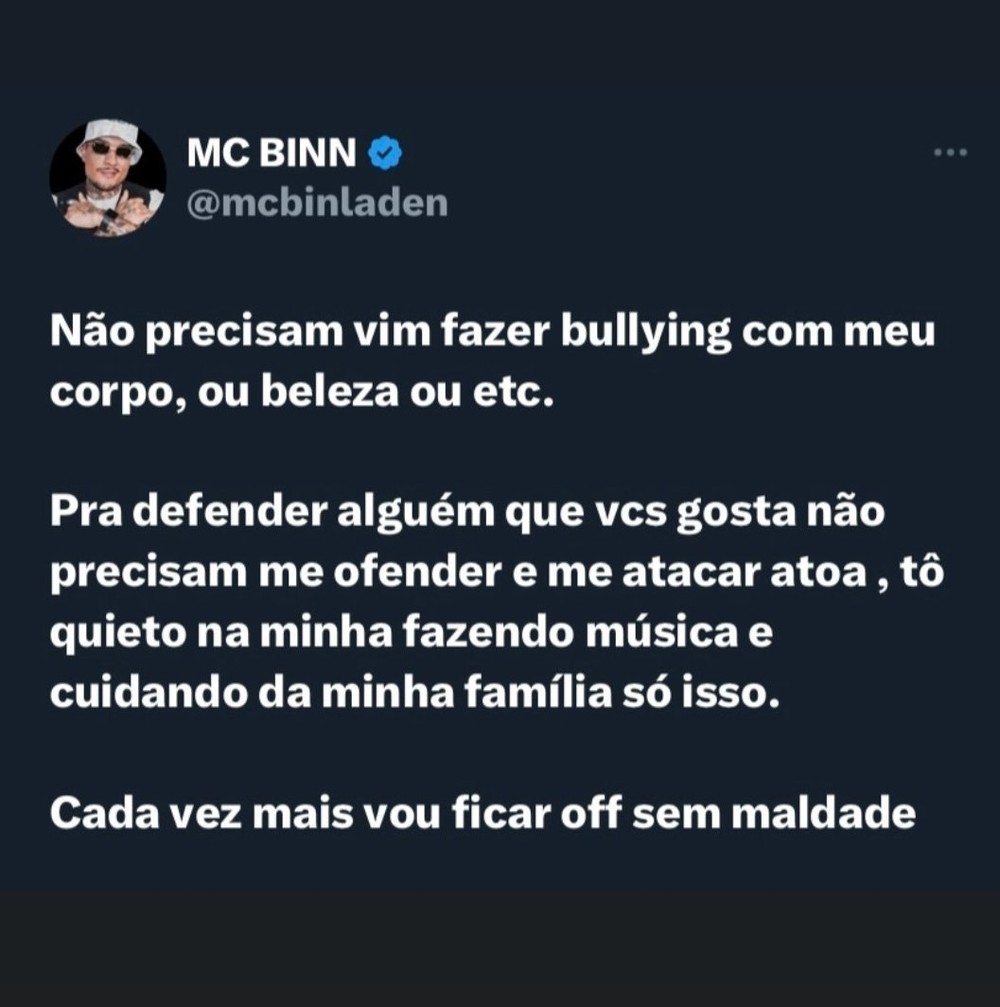 MC Binn desativa rede social após ataques