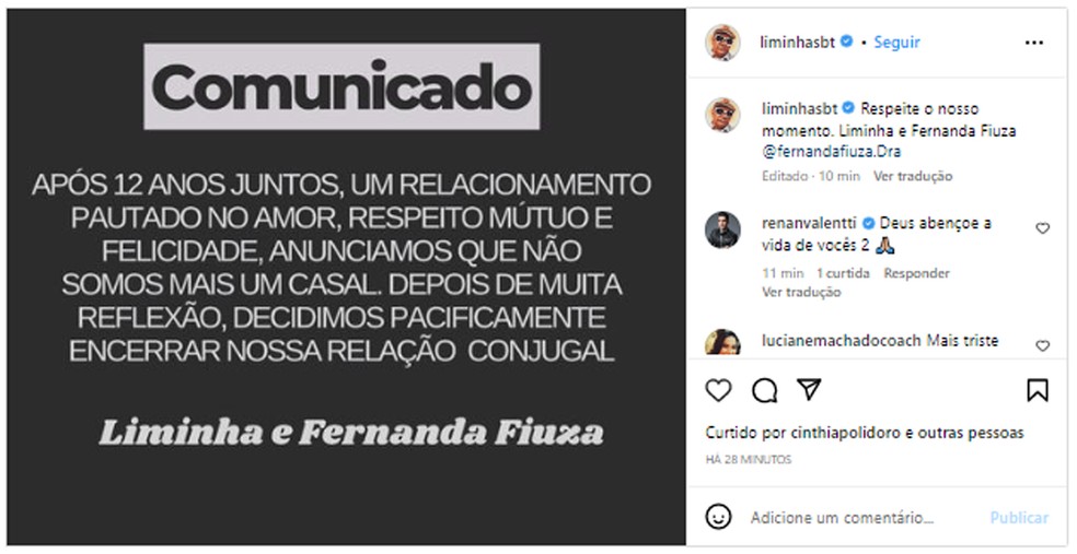 Liminha anuncia fim de casamento com Fernanda Fiuza após 12 anos