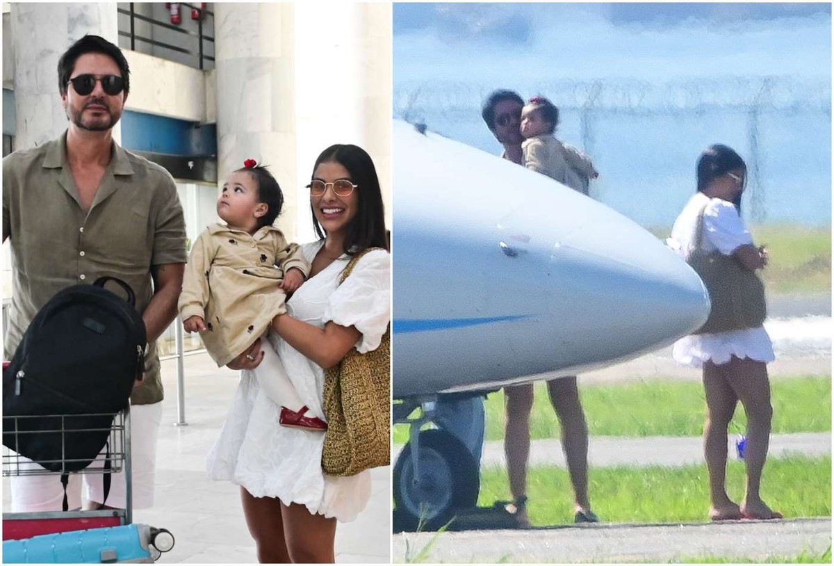 Munik Nunes desembarca no Rio de Janeiro em jato particular com marido e filha