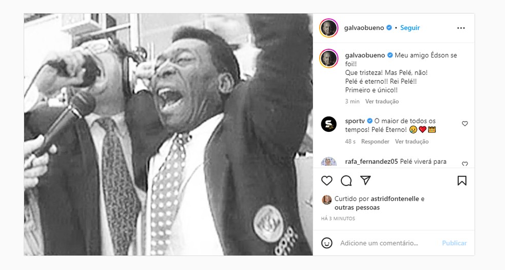 Galvão Bueno lamenta morte de Pelé: 'Meu amigo Édson se foi'