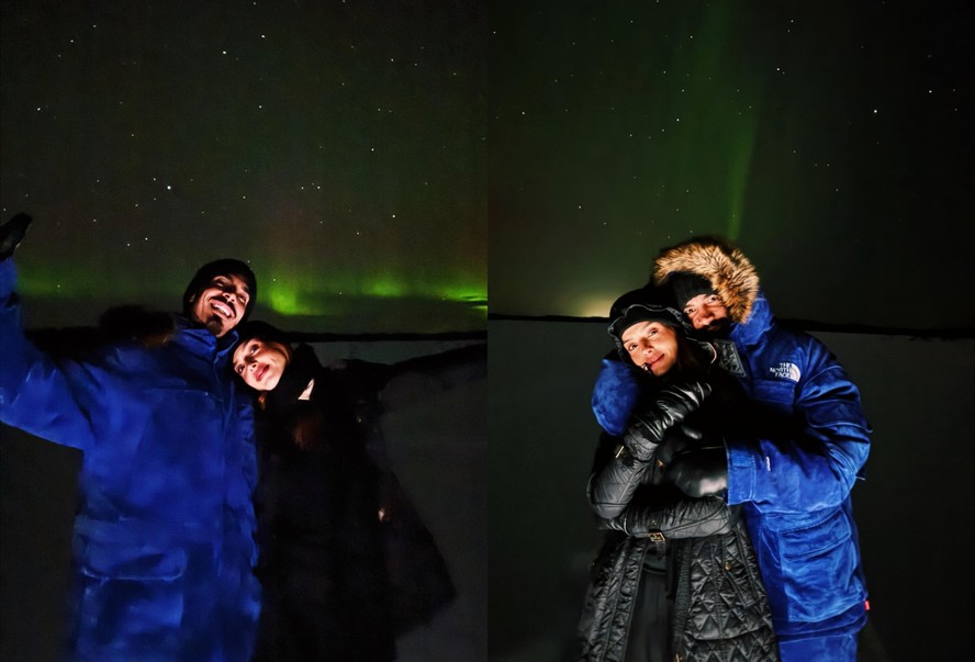 Giovanna Lancellotti posa com Gabriel David sob aurora boreal na Lapônia