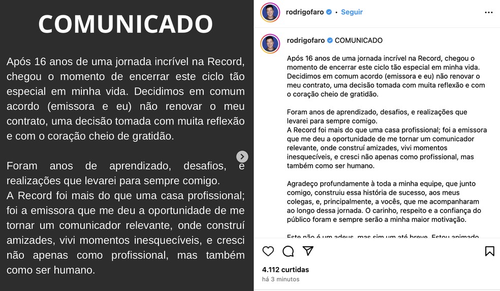 Rodrigo Faro deixa a TV Record após 16 anos: 'Decisão tomada com reflexão'