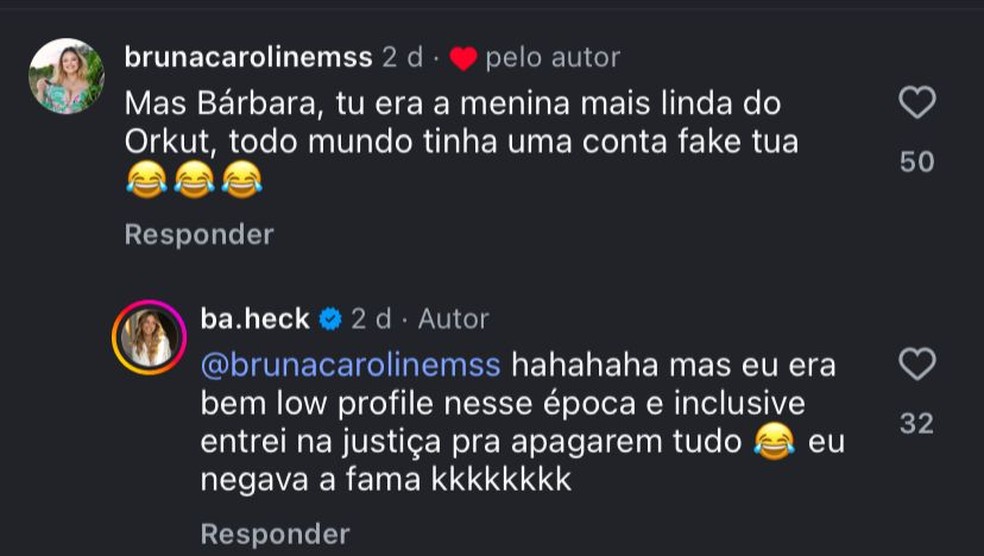 Bárbara Heck relembra medida judicial contra fakes com suas fotos no Orkut