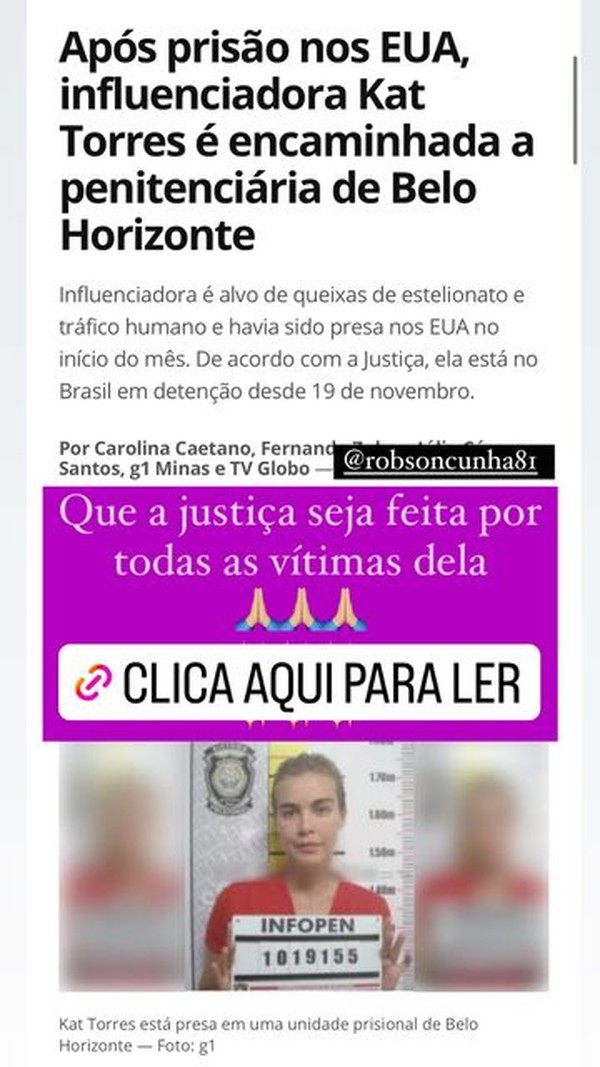 Yasmin Brunet comenta prisão de Kat Torres: 'Justiça seja feita'