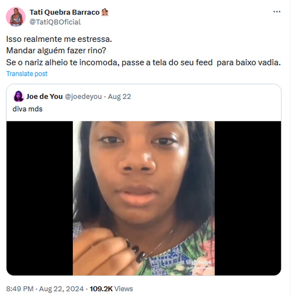 Tati Quebra Barraco sai em defesa da irmã de Davi Brito após 'hate' na web: 'Me estressa'