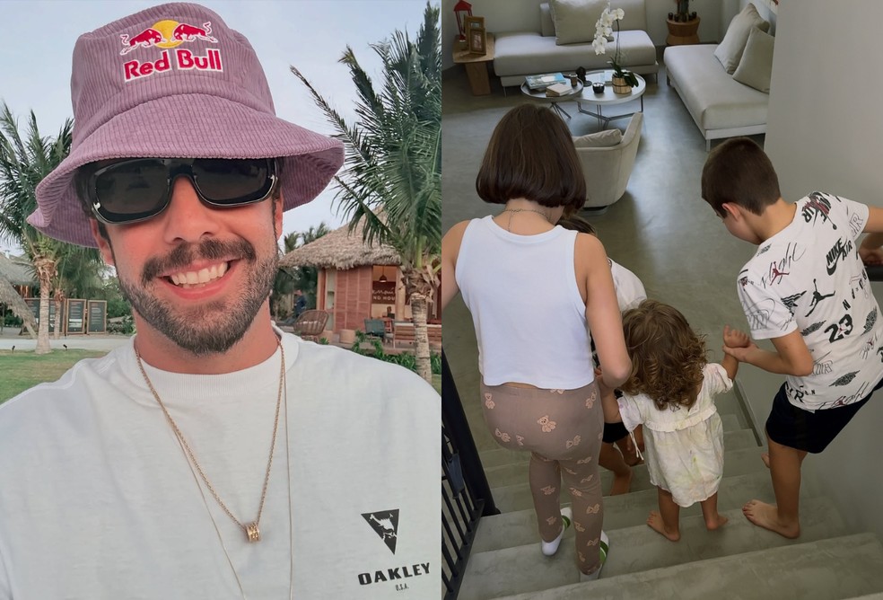 Morando com Dom e Aurora, Pedro Scooby reencontra os gêmeos Bem e Liz