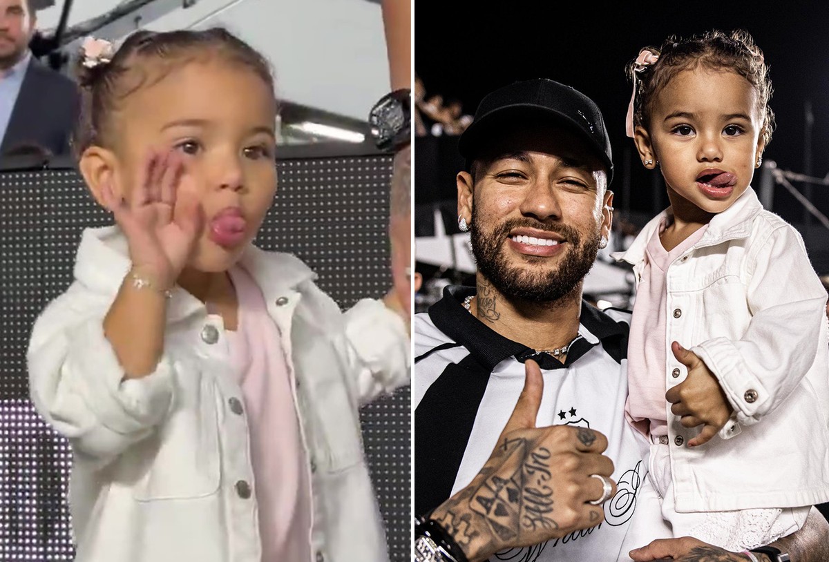 Mavie rouba a cena com caretas ao ir com Neymar a jogo do Santos; assista
