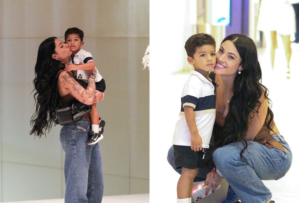 Rayane Figliuzzi, namorada de Belo, passeio com o filho em shopping no Rio; fotos