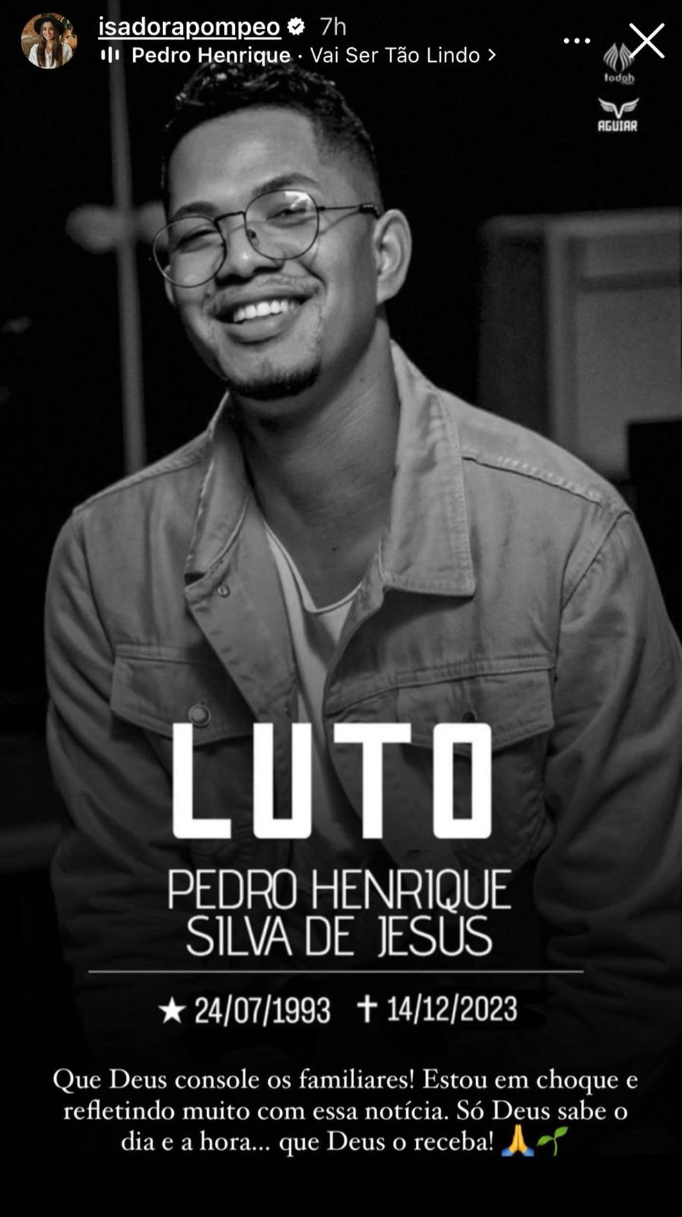 Isadora Pompeo se despede de cantor gospel Pedro Henrique: 'Em choque'