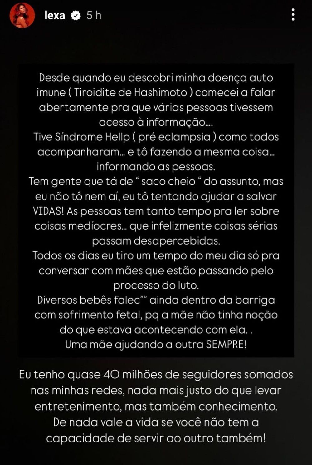 Lexa diz que todo dia dá apoio na web a mulheres que também perderam filhos