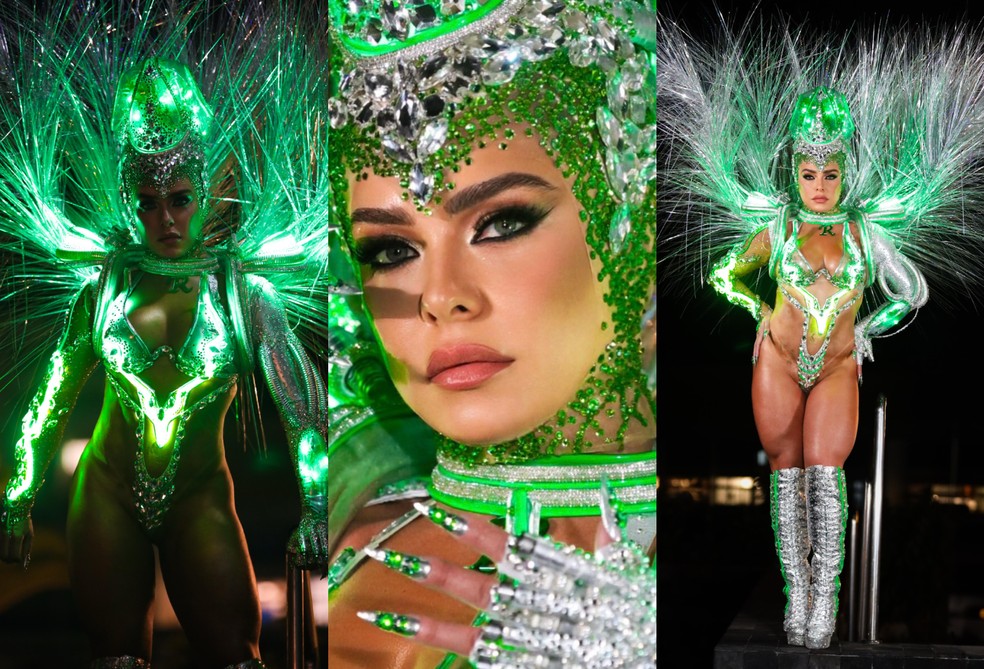 Rainha da Mocidade, Fabíola de Andrade usa fantasia ultracavada e que brilha no escuro; FOTOS