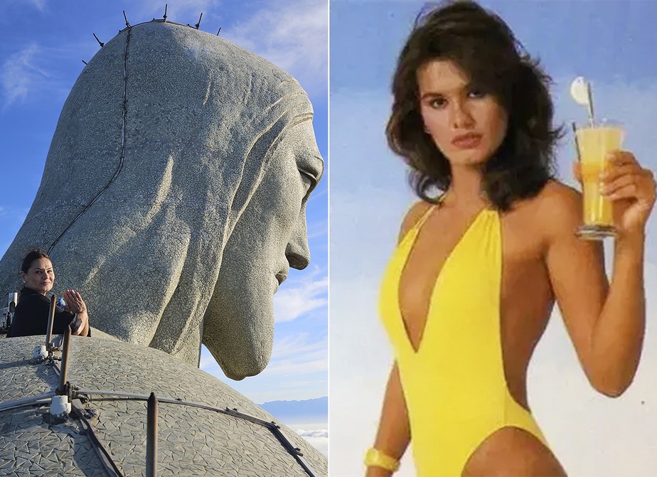 Aos 60, Magda Cotrofe, musa dos anos 80, realiza sonho e posa no ombro do Cristo