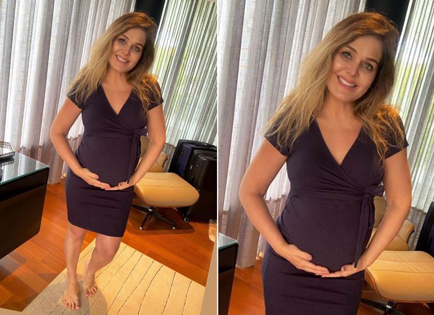 Andréa Mota, de 47 anos de idade, exibe barriga da quinta gestação