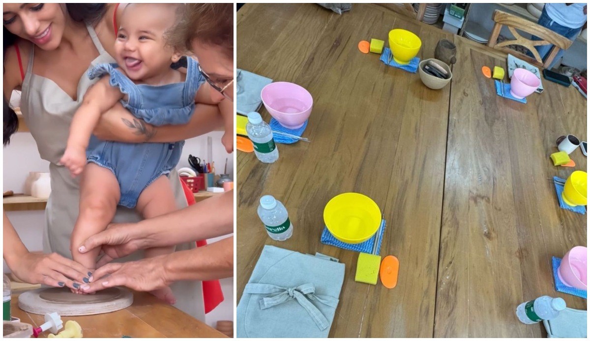 Bruna Biancardi dá aula de cerâmica para funcionárias e Mavie rouba a cena